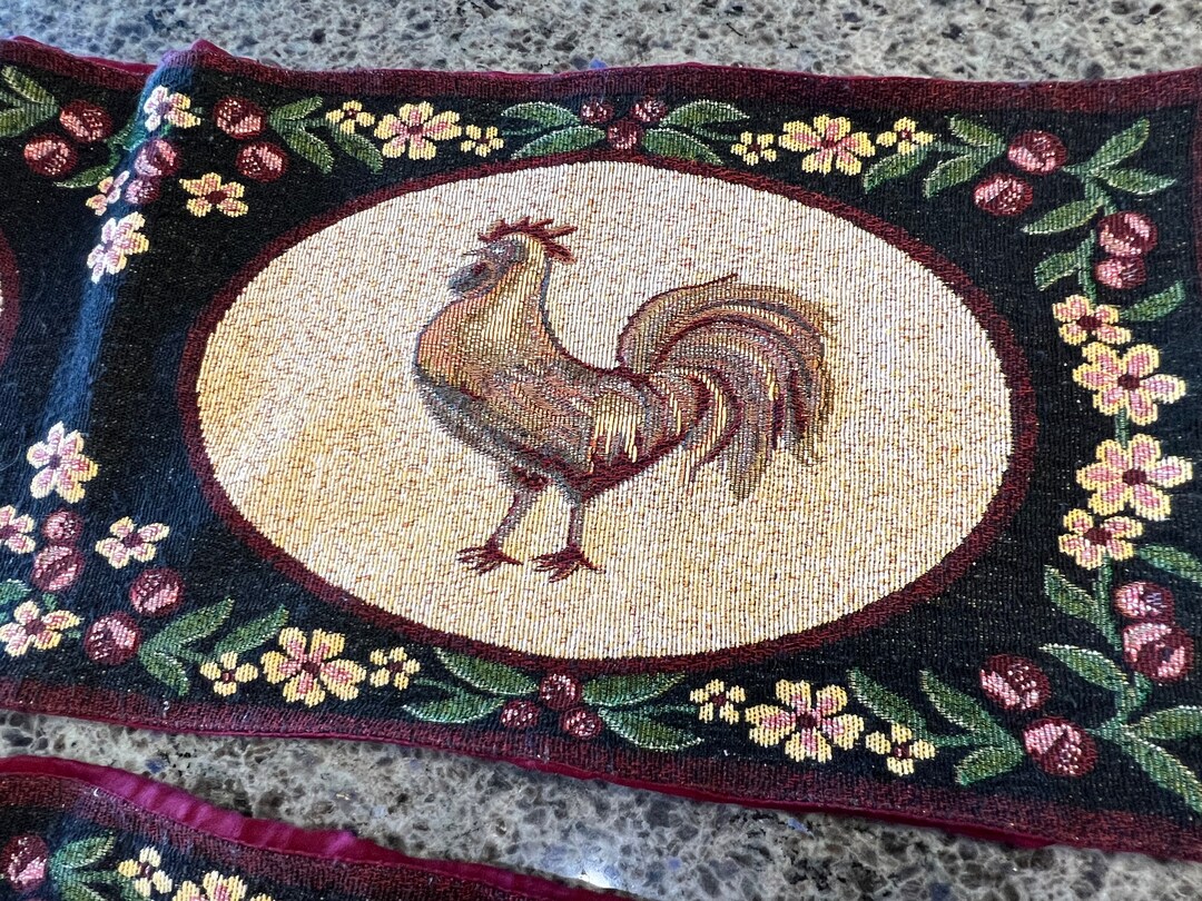 Vintage Rooster Tapestry Cotton Table Runner in Black, Red & Green 12 ...