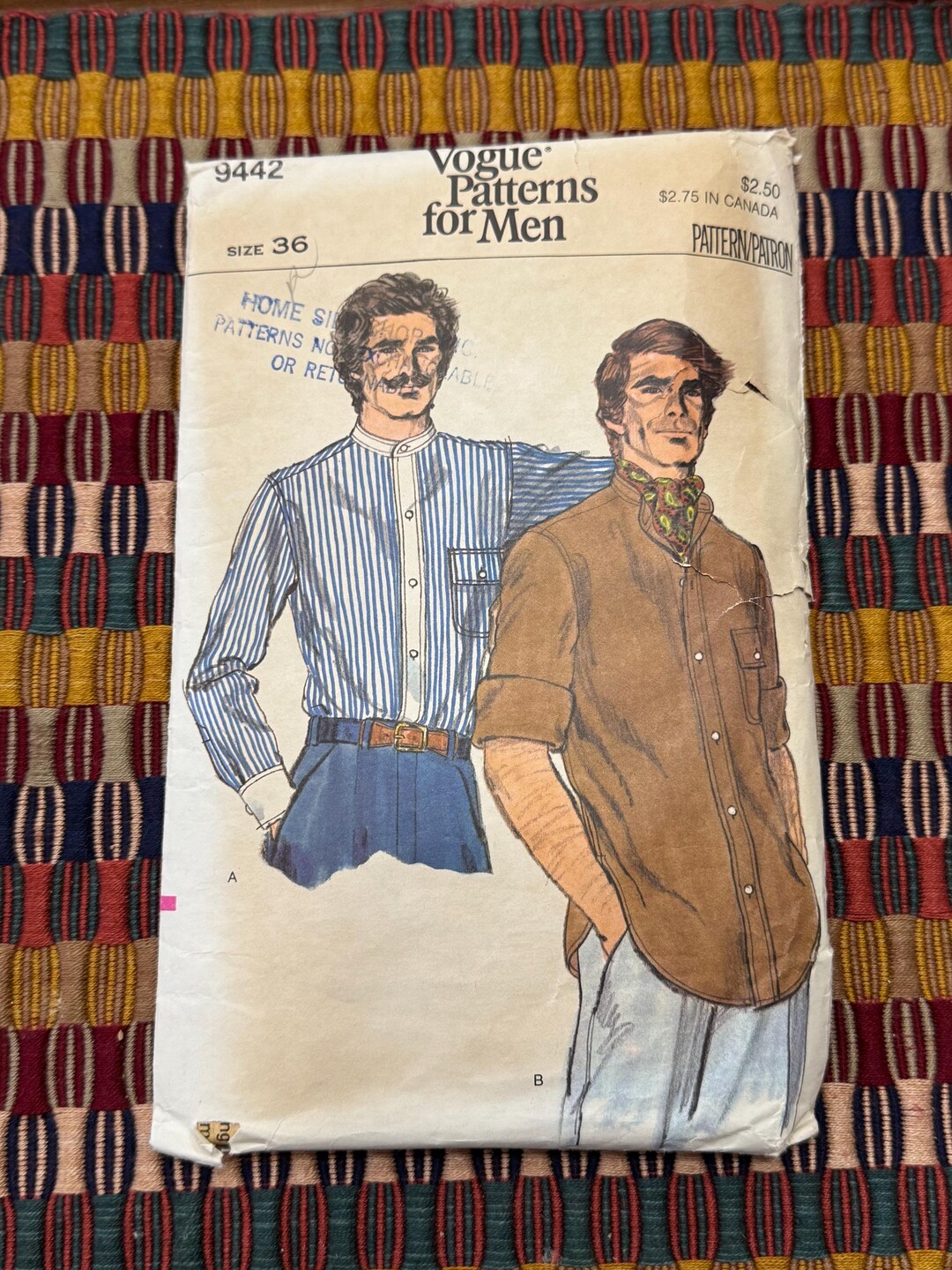 RARE 1970's Vogue Mens Sewing Pattern 9442 Men’s Collarless Button Front Shirt Size 36 Cut ...