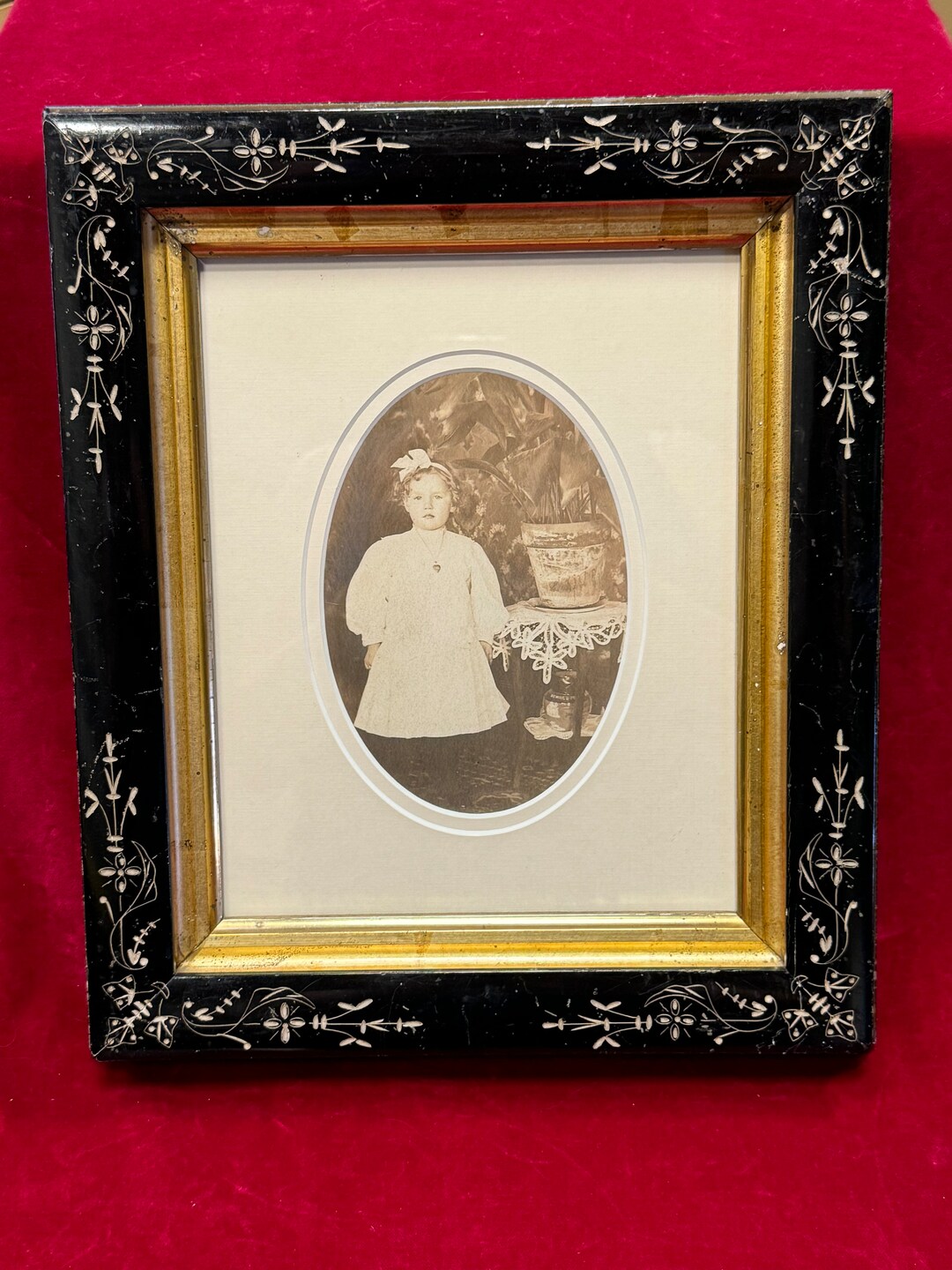 Antique Victorian Black Ebony Photo Frame With White Floral Etching ...