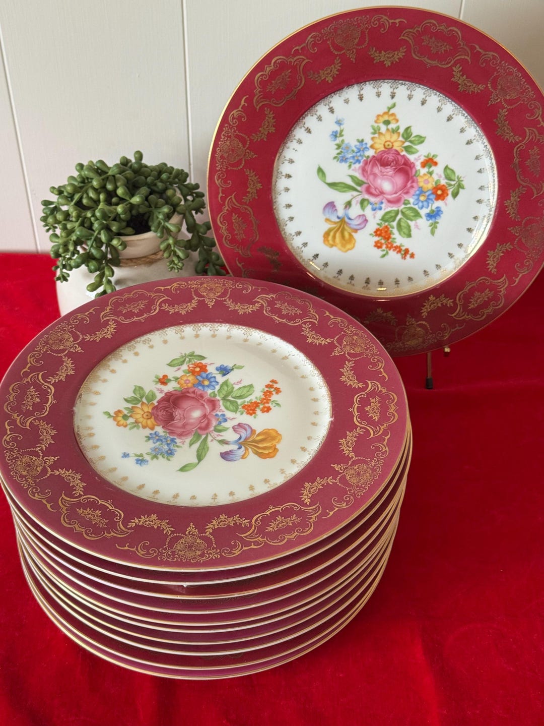 Antique 1930/40's Set of 11 F and B Co Bohemia Pink Edged Floral Center ...