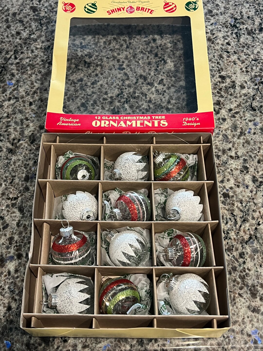 NIB Shiny Brite Box of 12 Snowcaps Clear Glass Ornaments With Tinsel ...