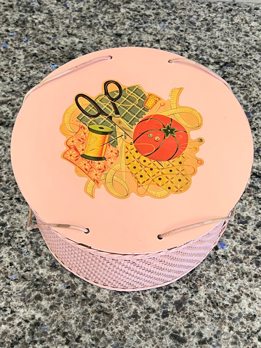 1950s Princess Vintage Pink Decoupage Round Wicker Sewing Basket Box ...