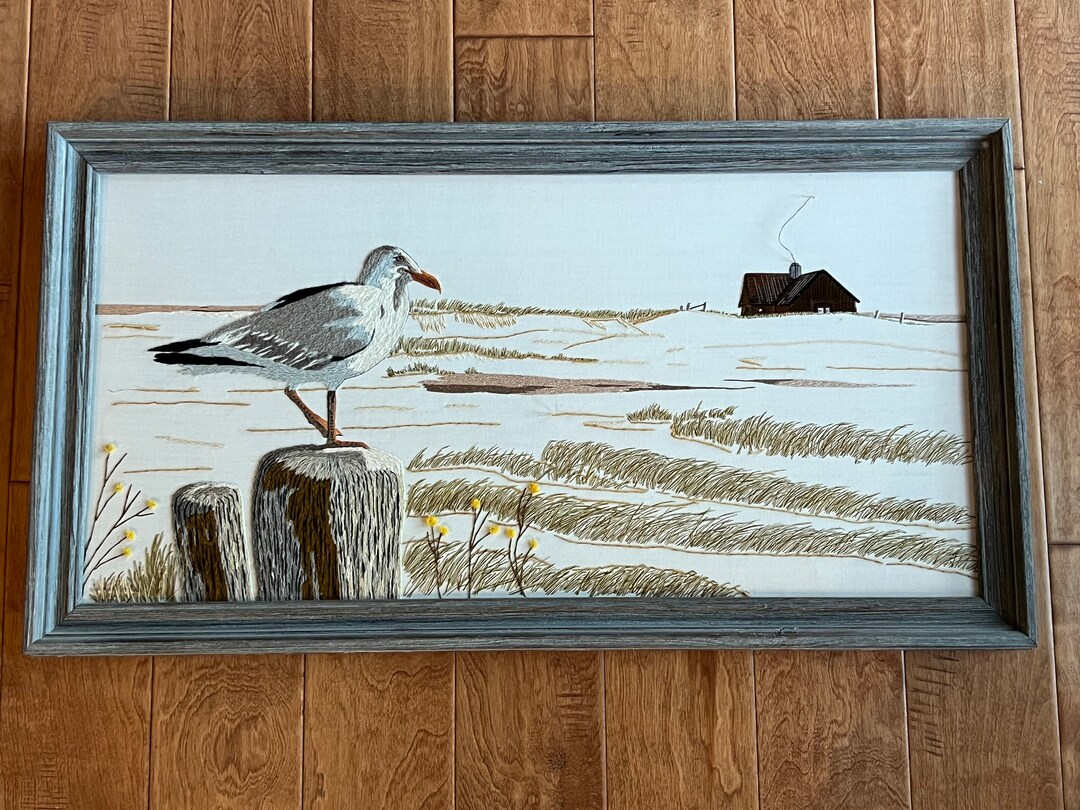 Vintage Large Framed Embroidered Seagull at the Marshes With House in ...
