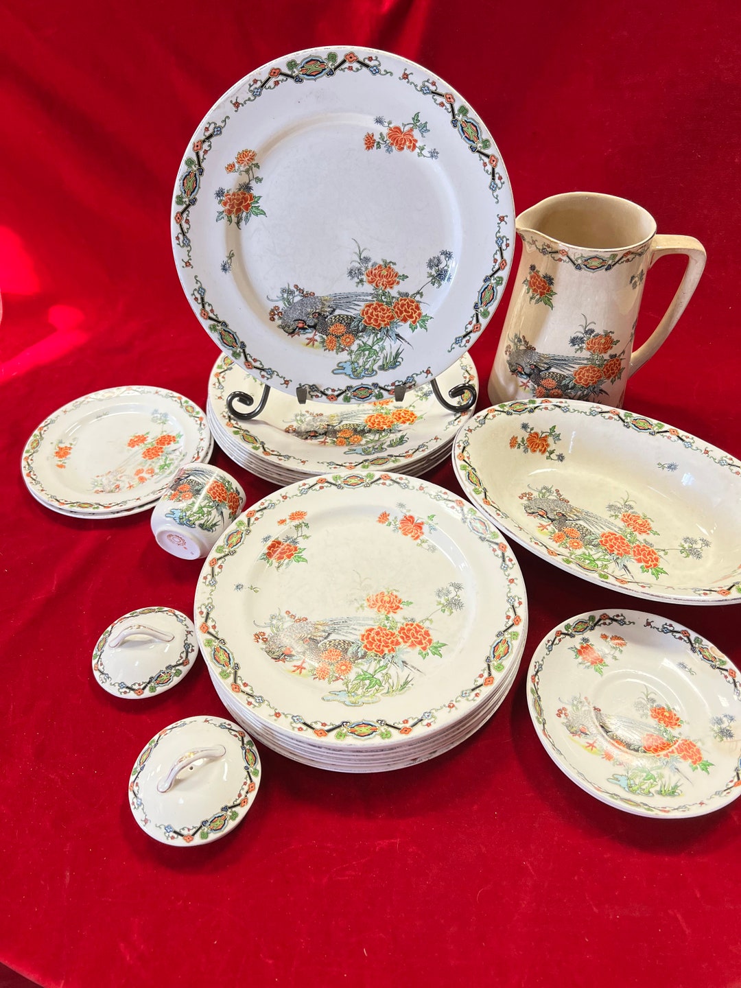 Antique John Maddock & Sons Royal Vitreous PEACOCK Dinnerware 5 Dinner ...
