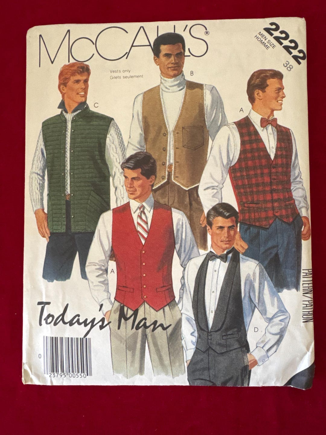 1985 Mccalls Sewing Pattern 2222 Men's Buttoned Vests 5 Styles - Size ...