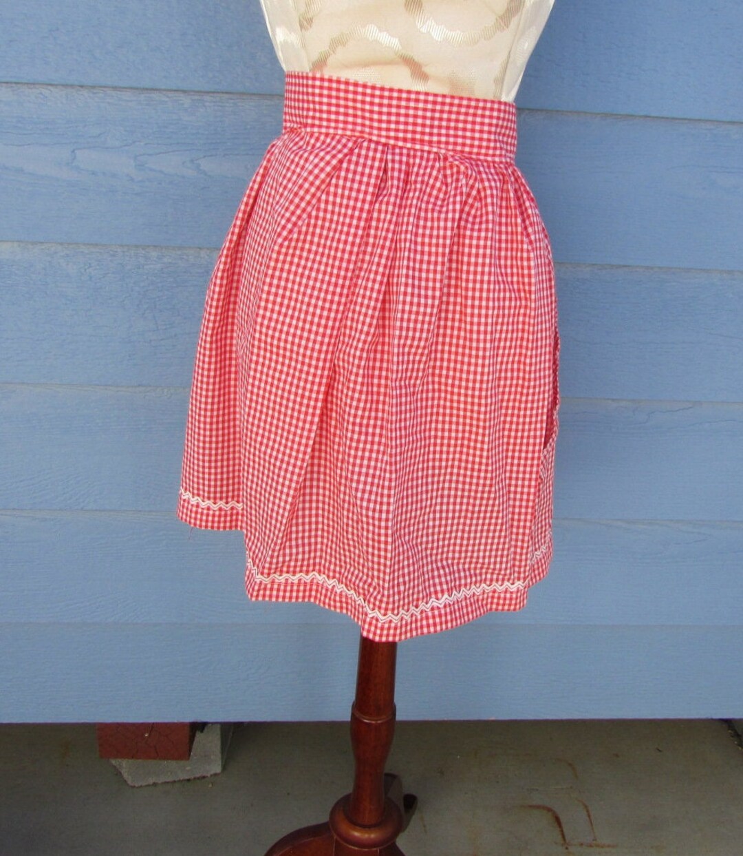 1950s Handmade Red and White Gingham Cotton Half Apron With Rickrack ...