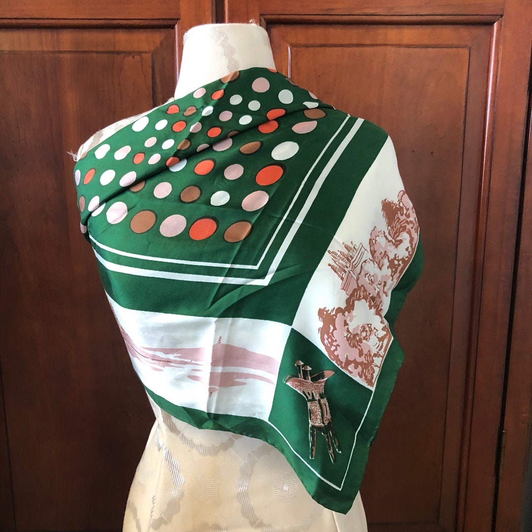 Vintage Asian Japanese or Chinese Pagodas and Landscape Silk Square ...