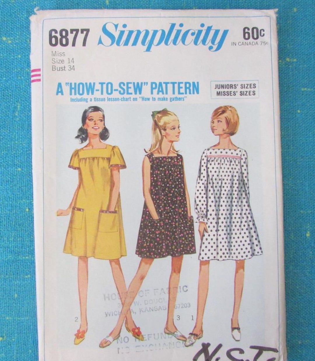 RARE 1966 Simplicity Sewing Pattern 6877 Misses One Piece Tent Dress Short Muumuu W Pockets Size ...