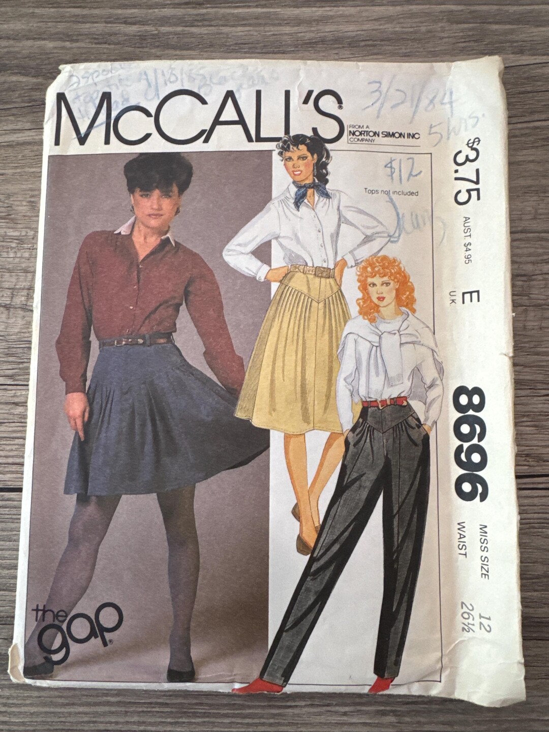 1983 Mccalls Sewing Pattern 8696 THE GAP Misses Gathered Yoke Skirt or ...