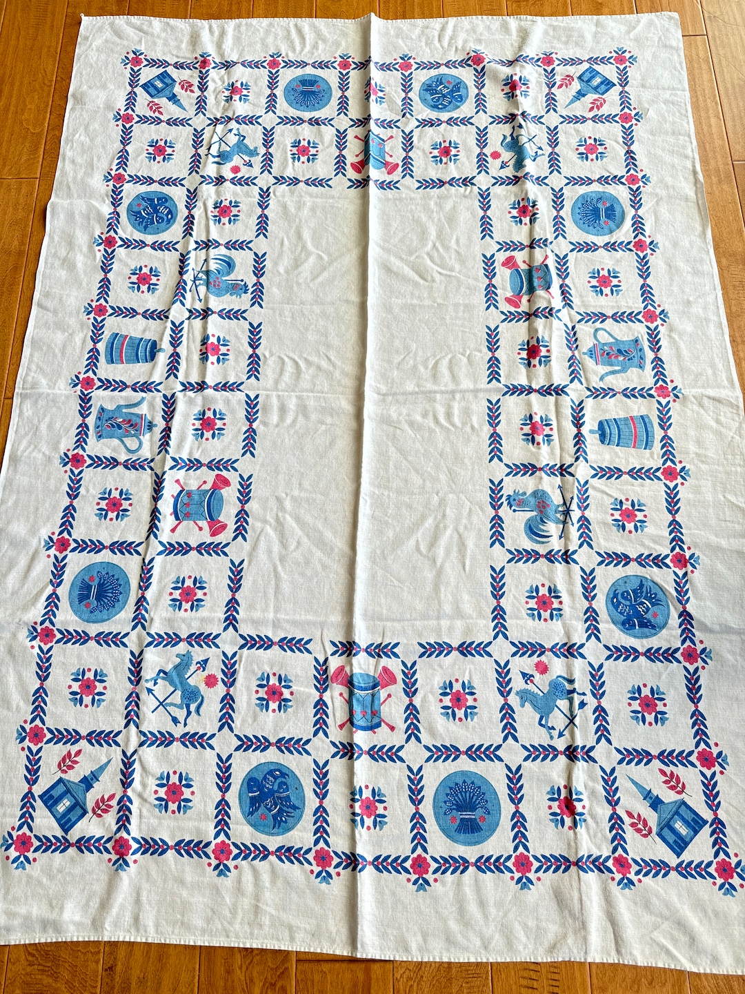Vintage Blue & Pink Colonial America Cotton Linen Rectangular ...