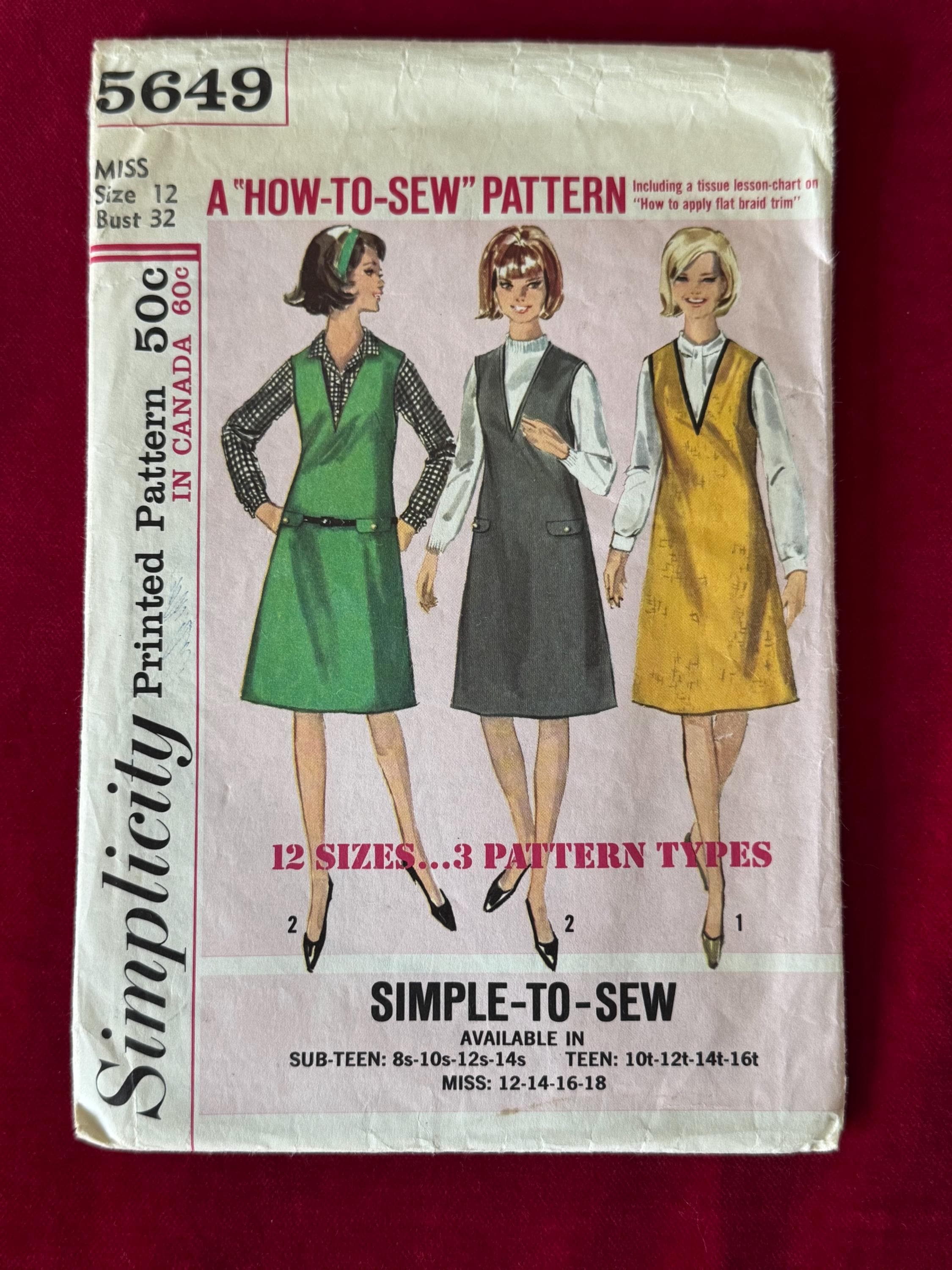 1964 Simplicity Sewing Pattern 5649 Misses Deep V Front A Line Jumper ...