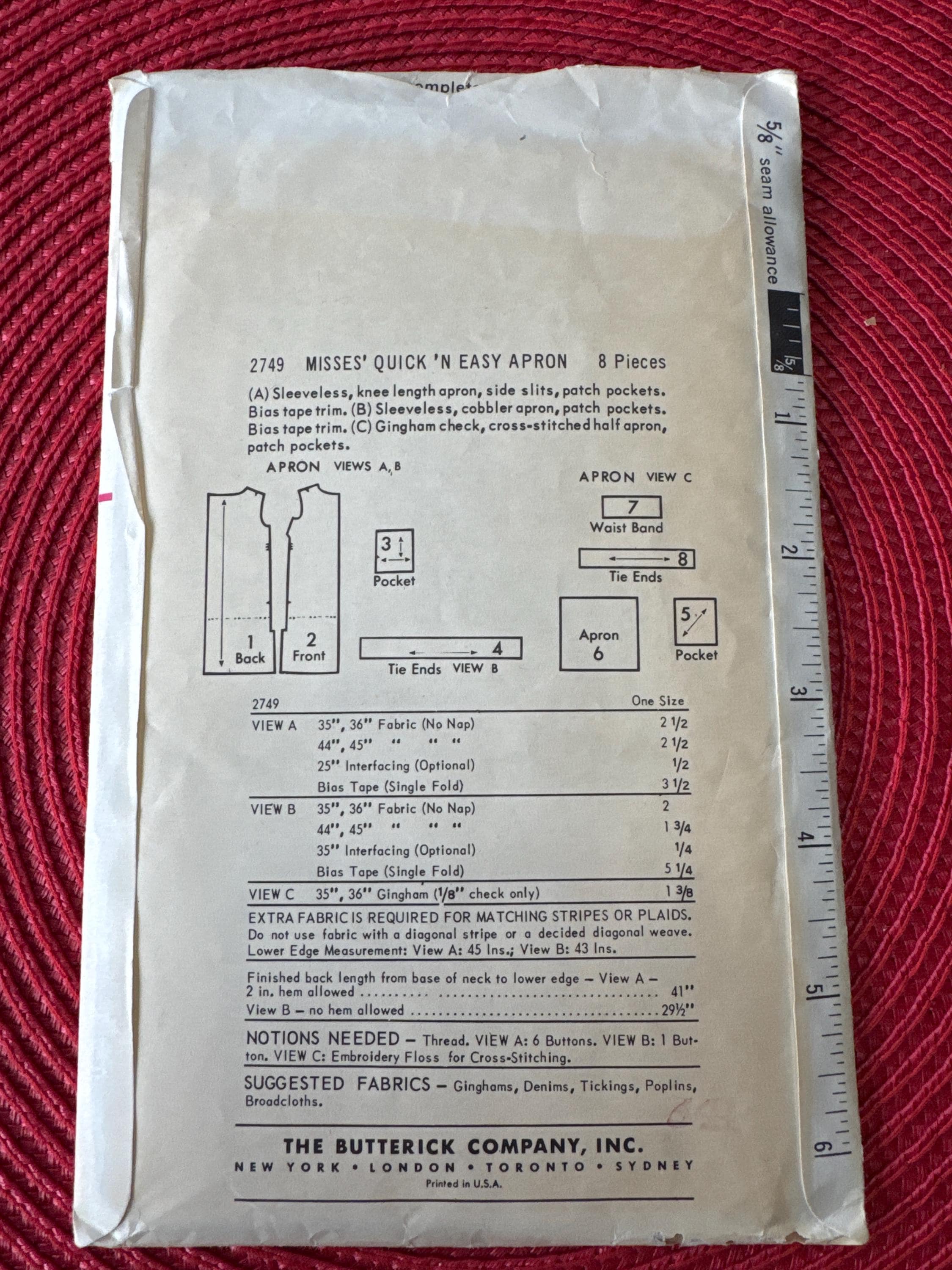RARE 1960's Butterick Sewing Pattern 2749 Misses One Size Quick Easy ...