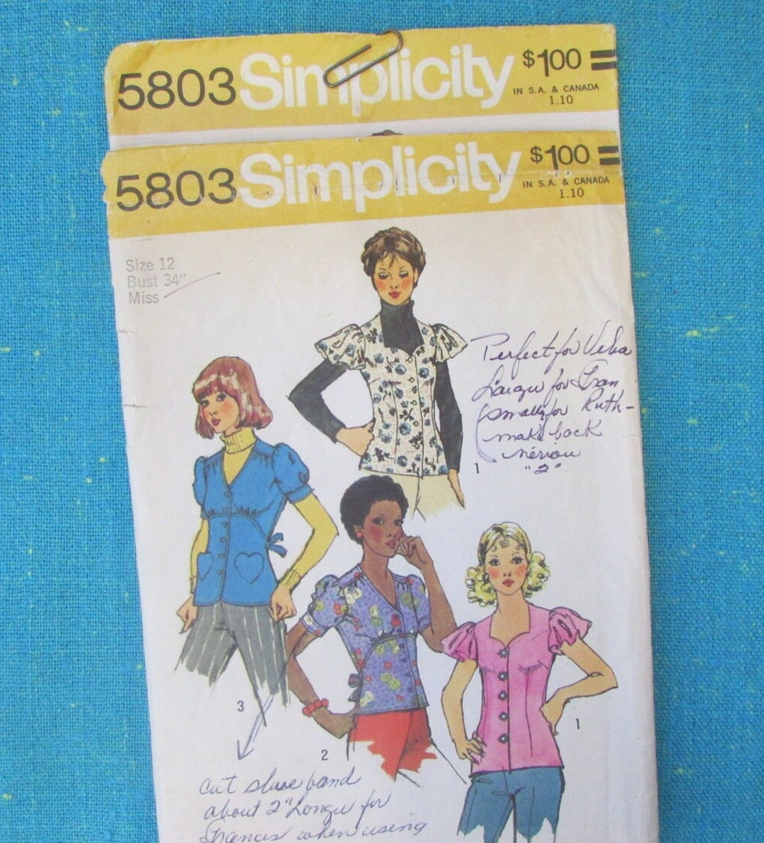 1973 Simplicity Sewing Pattern 5803 Misses Set of Blouses With Sleeve ...