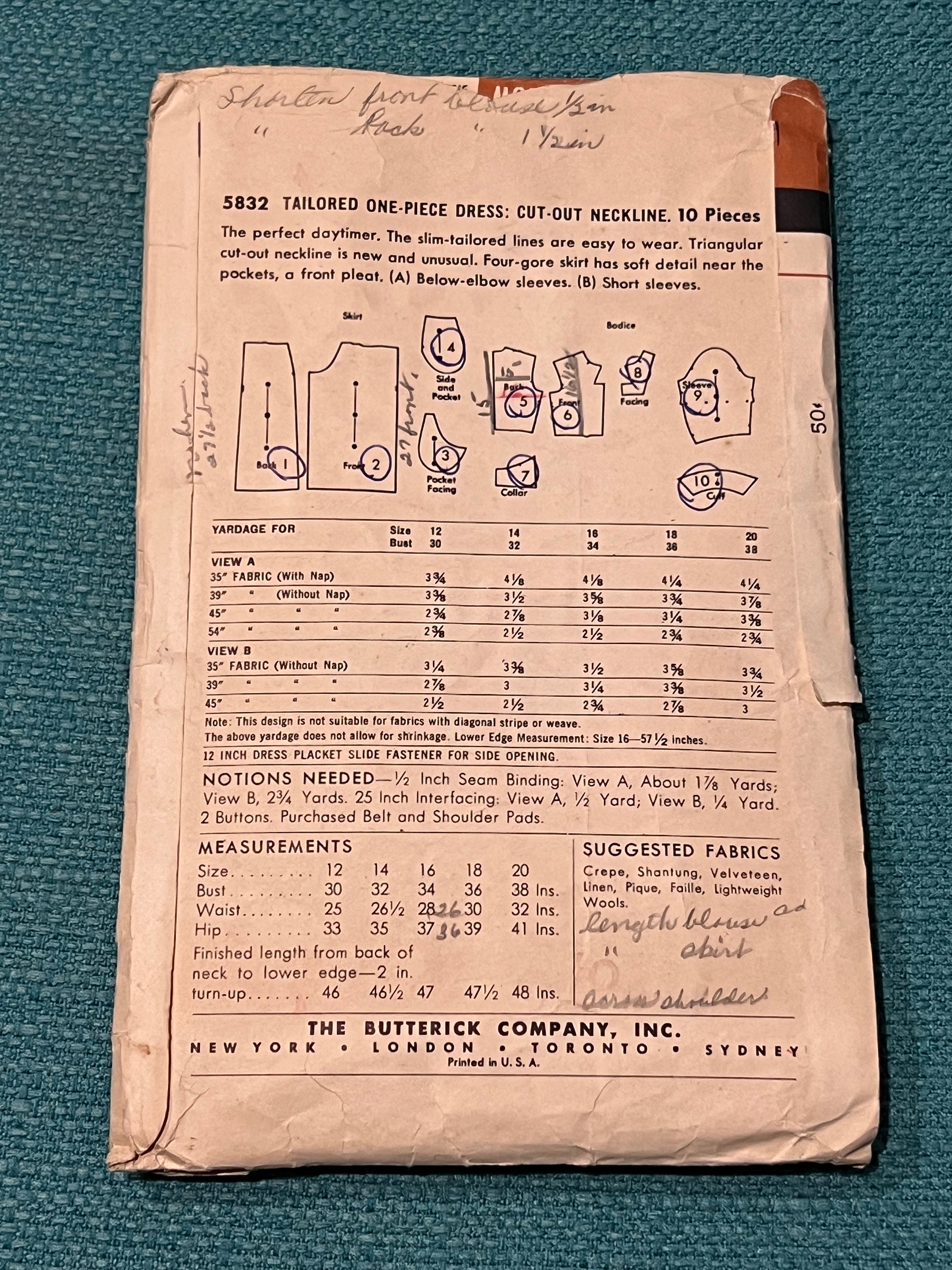 RARE 1950's Butterick Sewing Pattern 5832 Misses Triangular Neckline ...