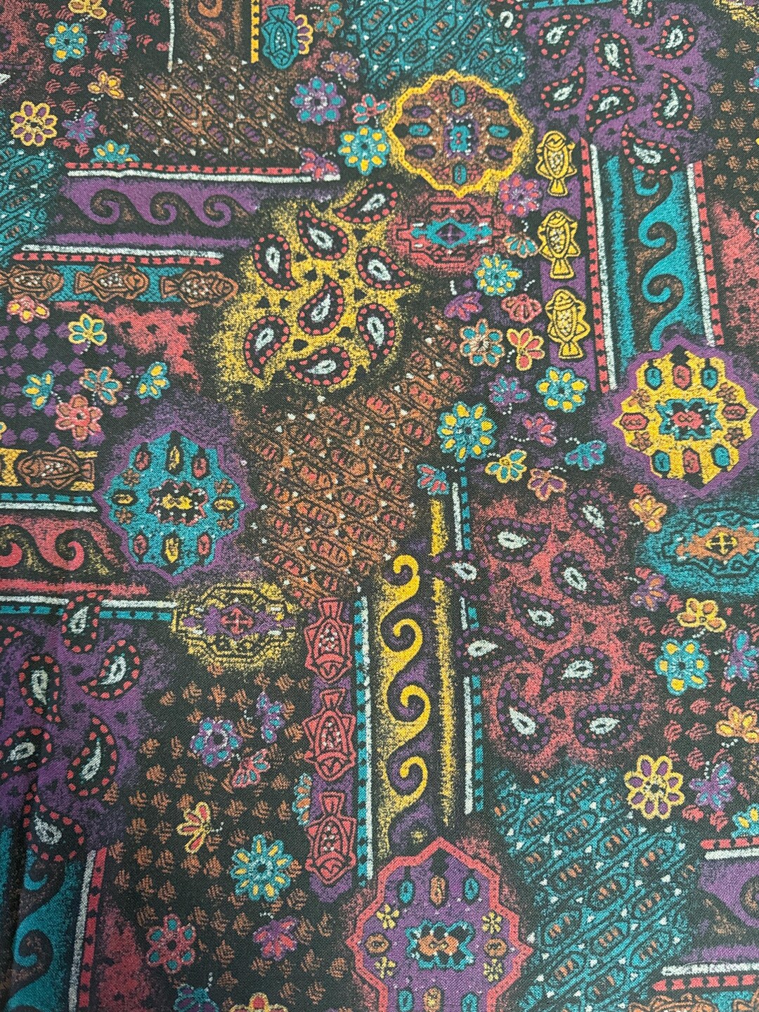 Vintage Abstract Print Wool Challis Fabric Black, Purple, Red, Teal 44 ...