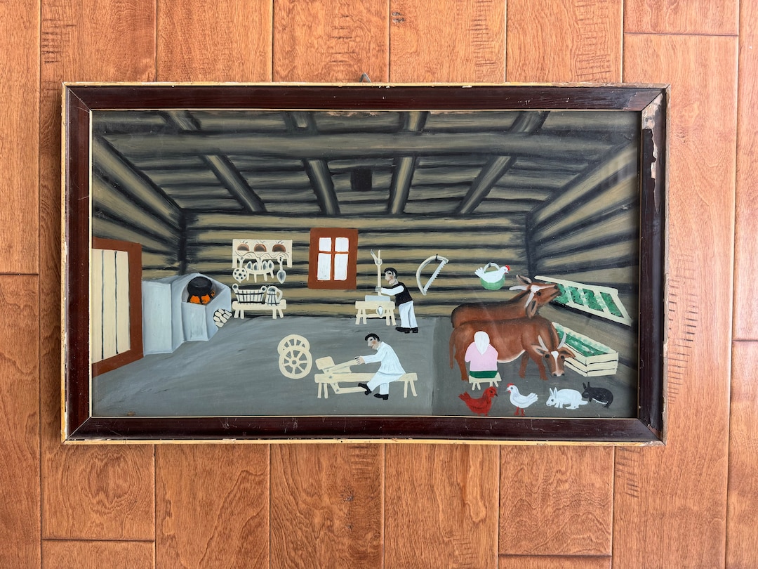 Antique Russian Primitive Folk Painting on Glass Framed With Writing on ...