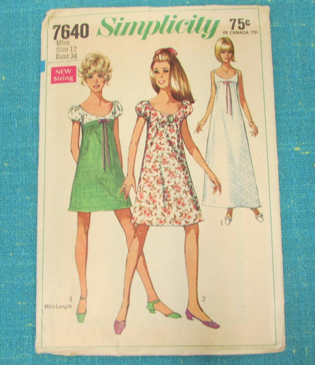 1968 Simplicity Sewing Pattern 7640 Misses Puff Sleeve Empire - Etsy