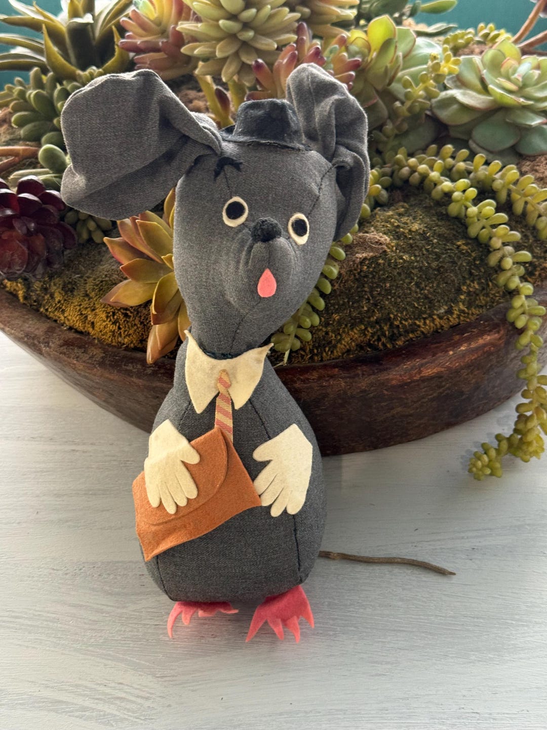 Vintage JOYABLES Grey Wool Stuffed Mouse Animal Businessman With Top ...