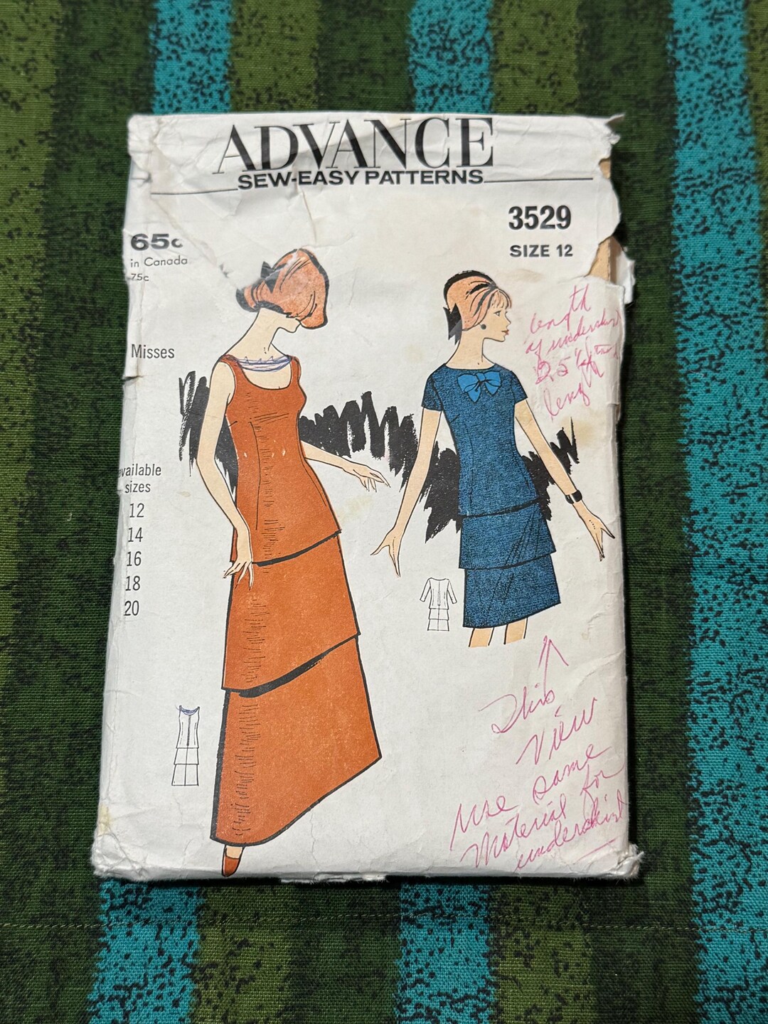 1960S Advance 3529 Sewing Pattern Three Tiered Short or Long Shift ...
