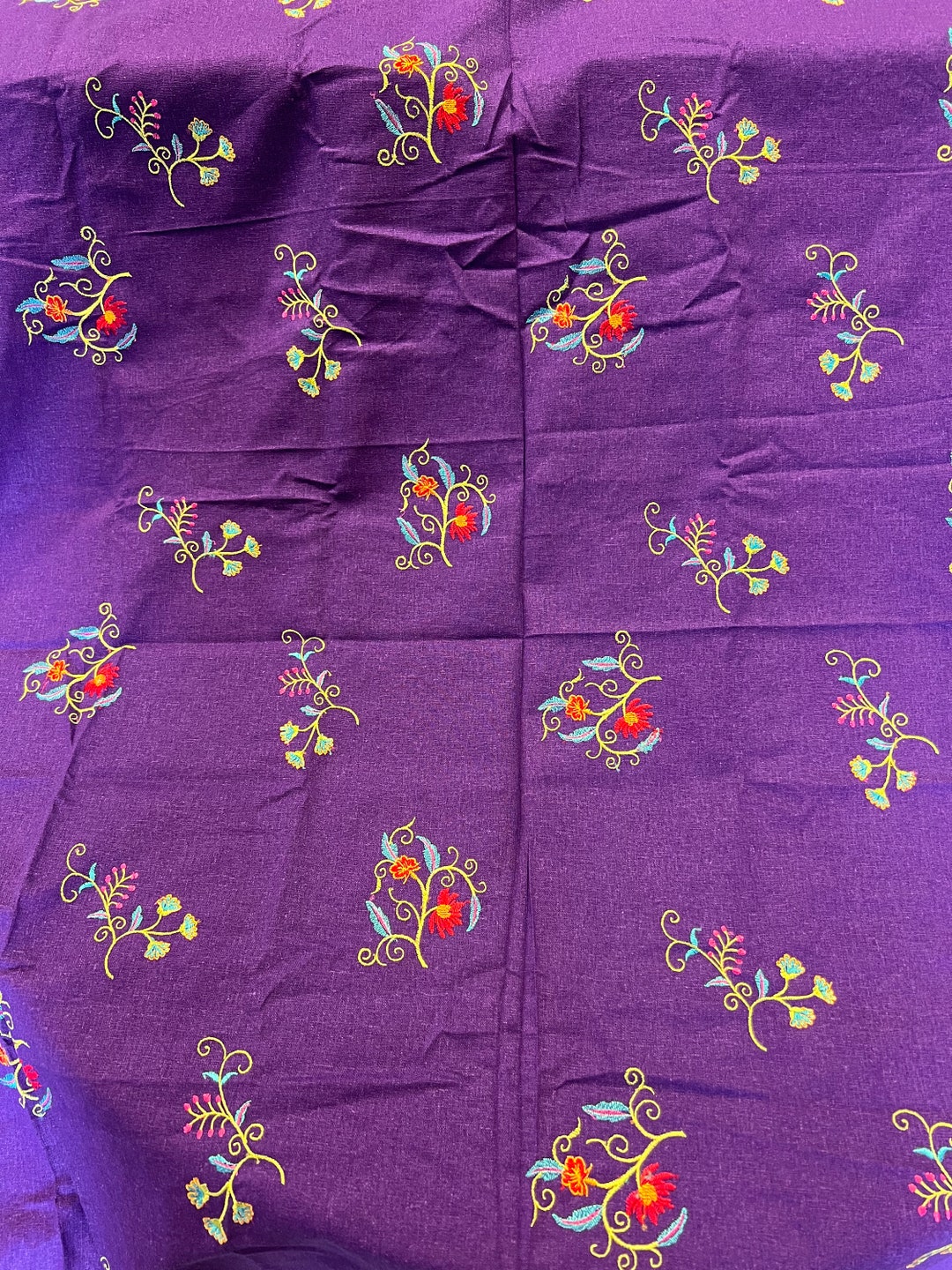 Vintage Solid Purple Cotton Linen Fabric With Embroidery Flowers 52 ...