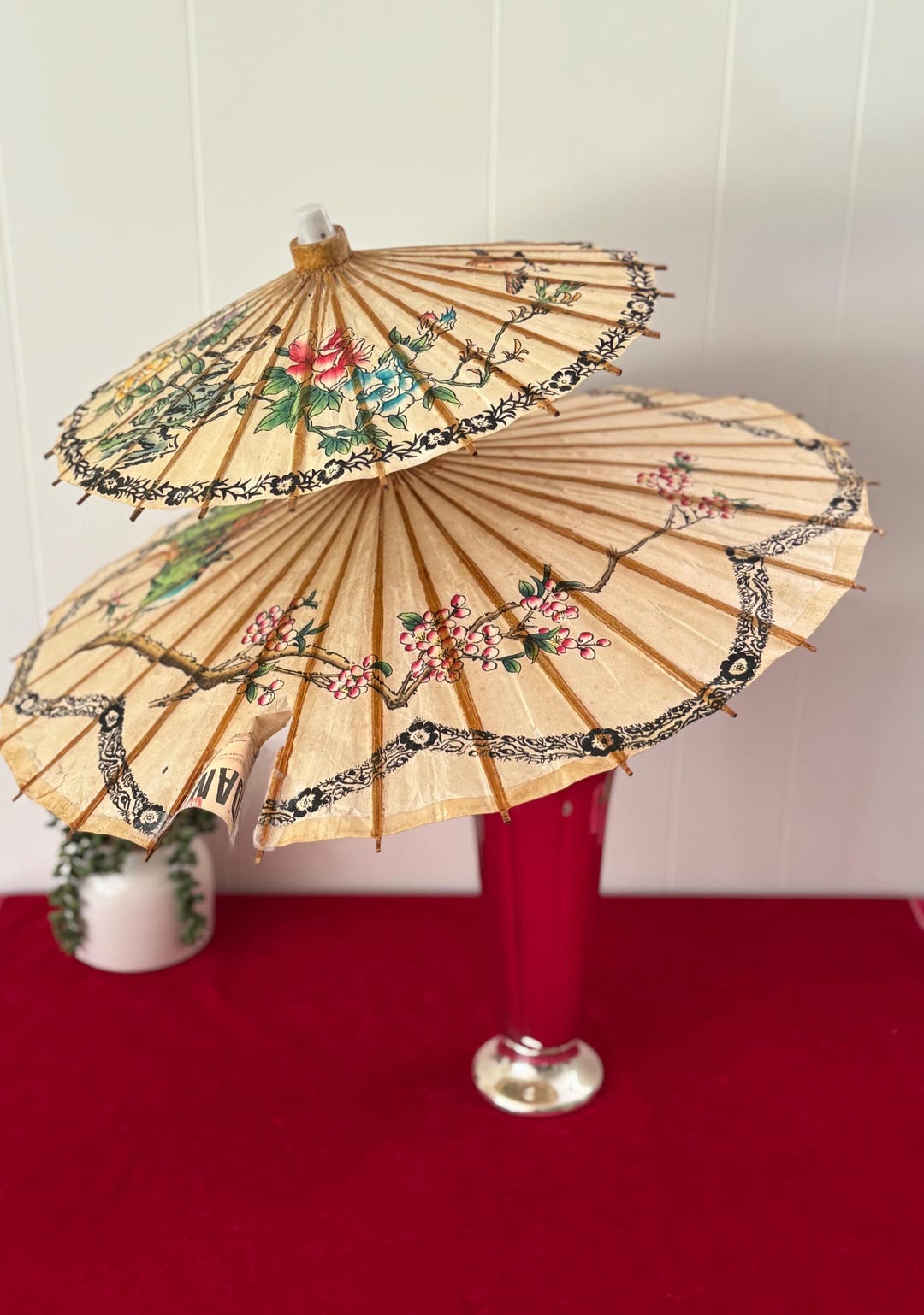 Antique Chinese Double Parasol Rice Paper and Bamboo Hand Painted ...