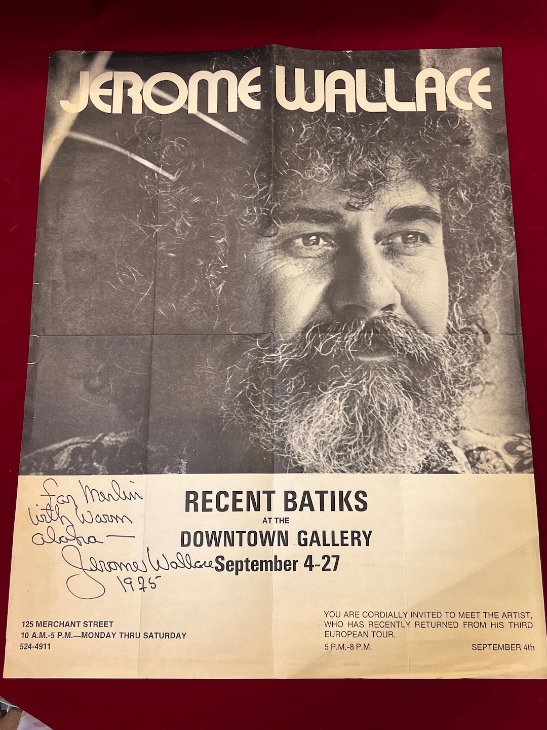 RARE 1975 Hawaiian Batik Artist Jerome Wallace Gallery Poster Signed (born 1931) Inscribed in ...