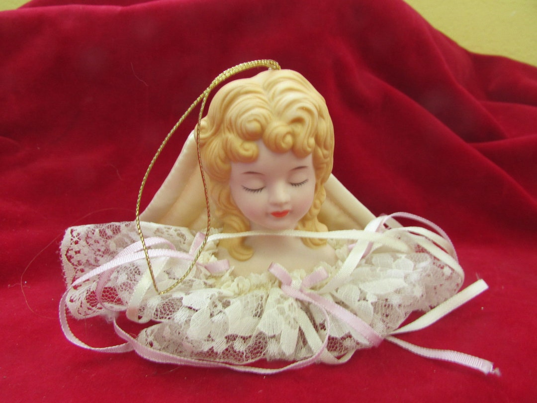 Vintage Porcelain Face Angel With Lace Trim Bodice Christmas Ornament ...