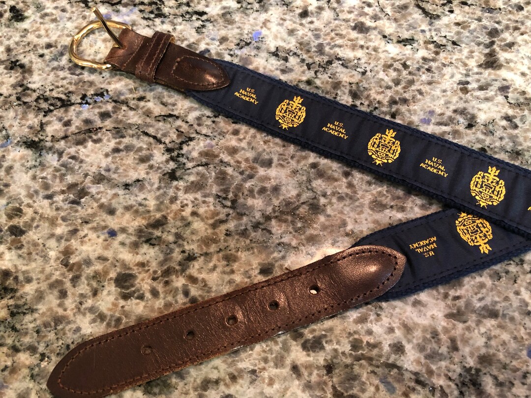 Vintage Mens US Naval Academy Emblem Blue Canvas Belt With Leather 44 ...