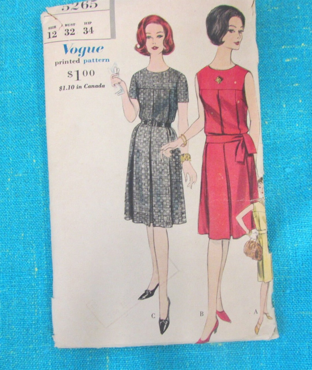 1960s Vogue Sewing Pattern 5265 Misses One Piece Dress W Wide Box Pleat ...
