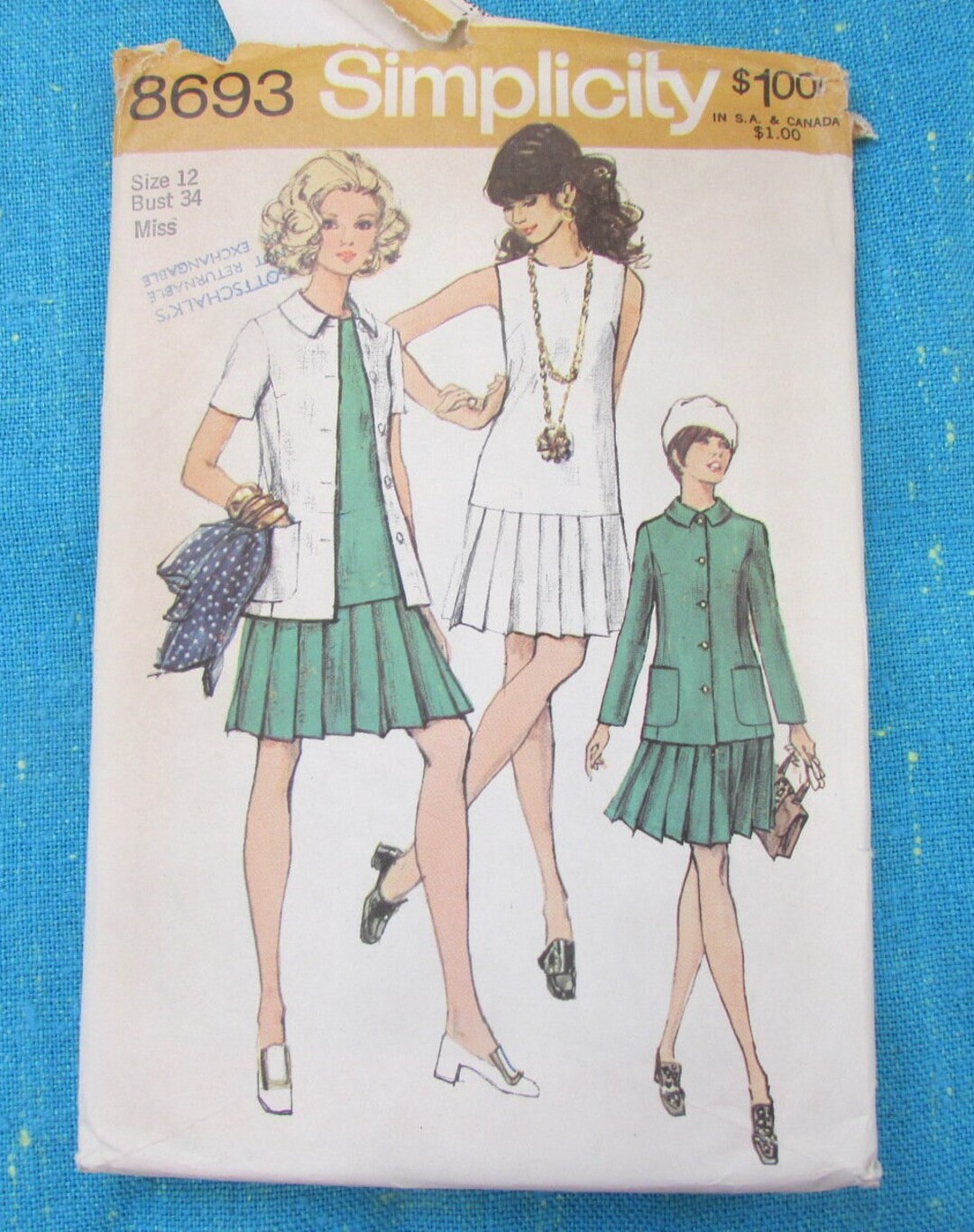 1970 Simplicity Sewing Pattern 8693 Misses Drop Waist Dress With ...