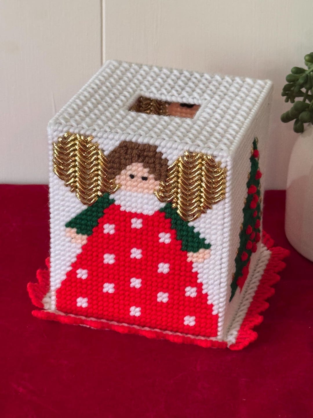 Vintage Handmade Christmas Plastic Canvas Tissue Box Cover Angels and ...