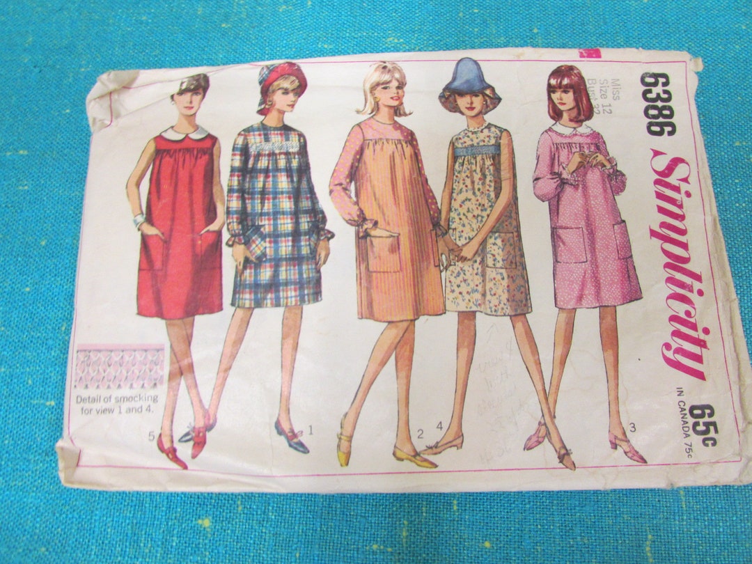 1965 Simplicity Sewing Pattern 6386 Misses One Piece Dress With ...