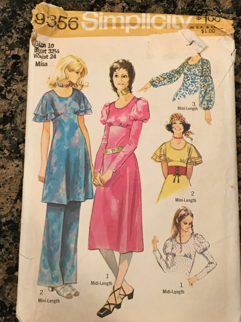 1971 Simplicity Sewing Pattern 9356 Misses Empire Waist Dress - Etsy