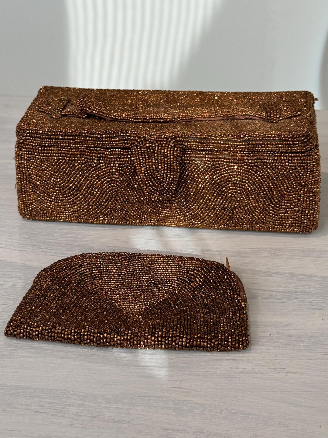 RARE Vintage Bag by Josef Copper Bronze Fully Beaded Box Shaped Evening ...