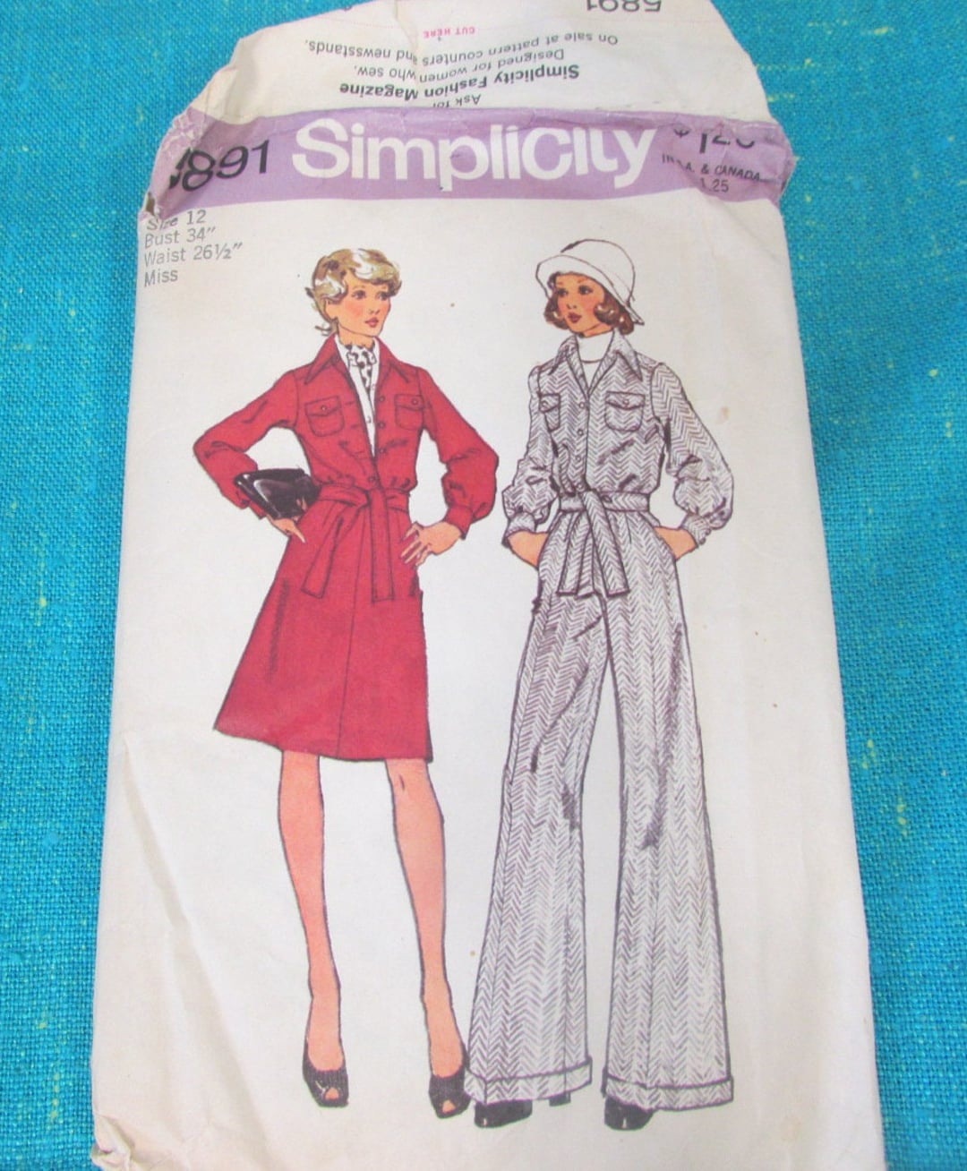1973 Simplicity Sewing Pattern 5891 Misses Cropped Bomber Jacket, Wide Leg Cuffed Pants or ...
