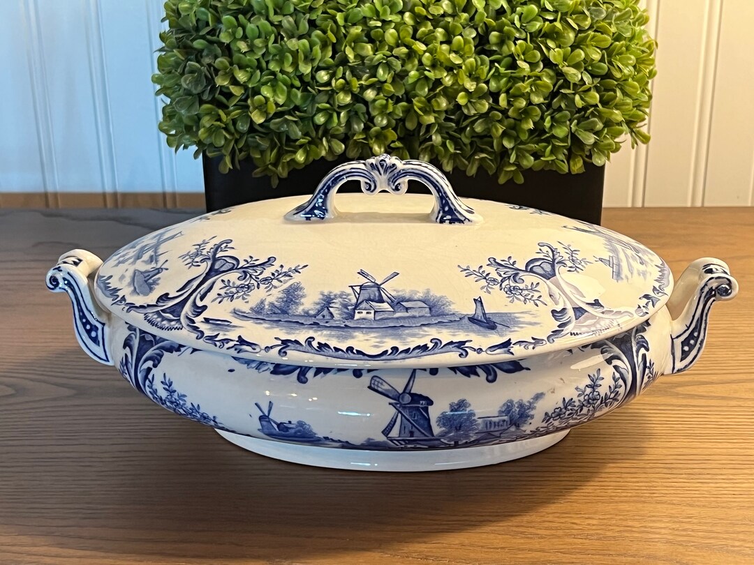 RARE Antique Grimwades DELPH Blue Windmills Aesthetic Movement Covered ...