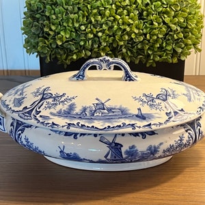 RARE Antique Grimwades DELPH Blue Windmills Aesthetic Movement Covered ...