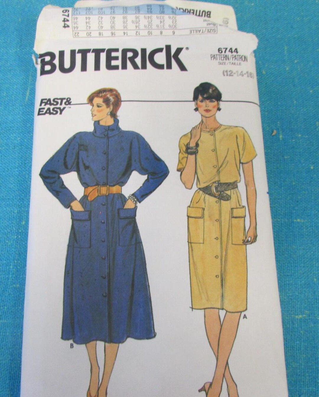 1980’s Butterick Sewing Pattern 6744 Button Front Dress W/patch Pockets ...