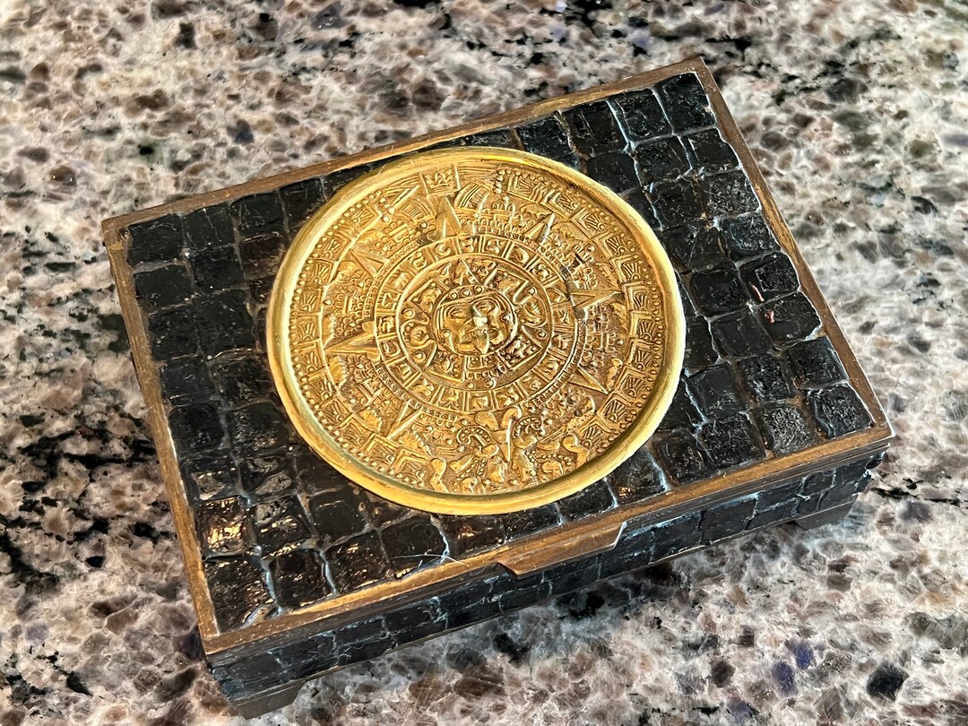 Vintage Mayan Aztec Gold Sun Brass Trinket Box Cigarette Box With Brown ...