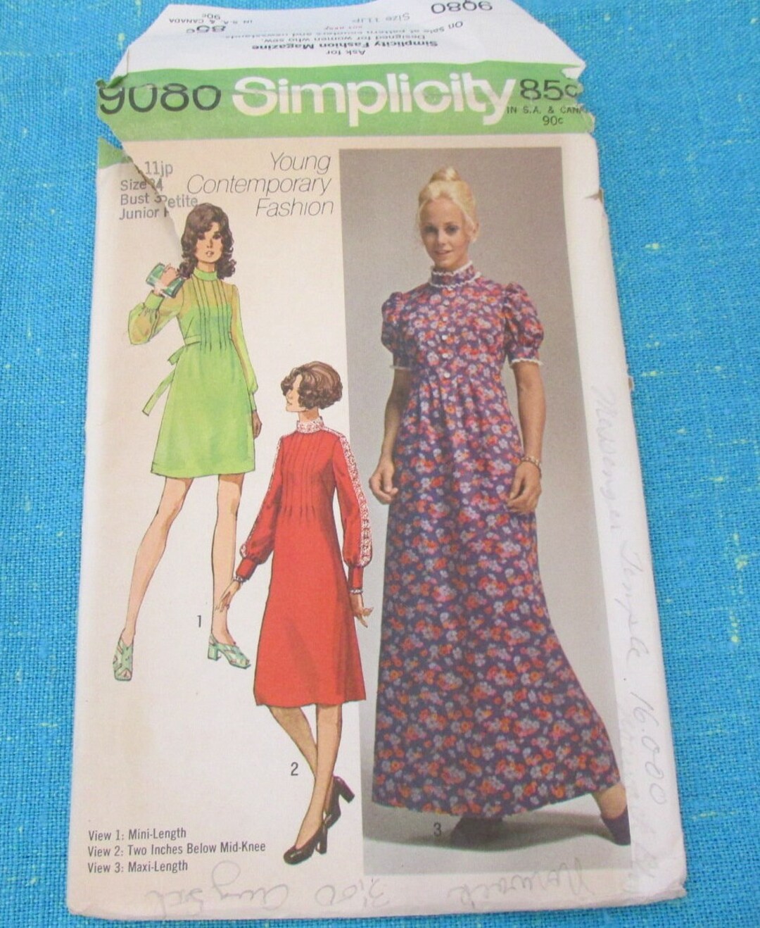1970 Simplicity Sewing Pattern 9080 Junior Petite High Neck Deck in 3 ...