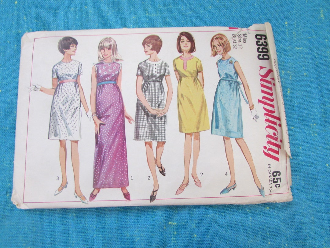 RARE 1966 Simplicity Sewing Pattern 6399 Misses Empire Waist Dress in 2 ...