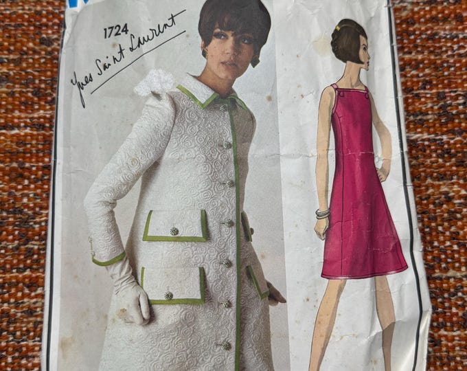 RARE 1967 Vogue Paris Original Sewing Pattern 1724 YSL Designer Misses ...