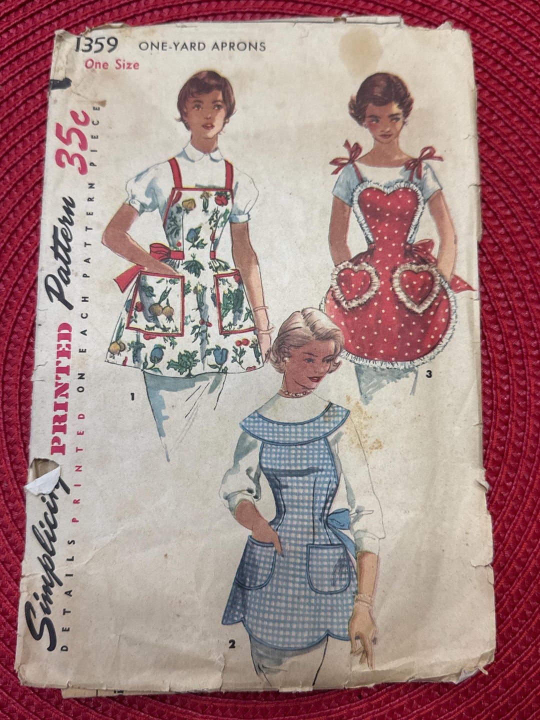 1950 Simplicity Sewing Pattern 1359 Misses Pinafore Full Apron 3 Styles ...