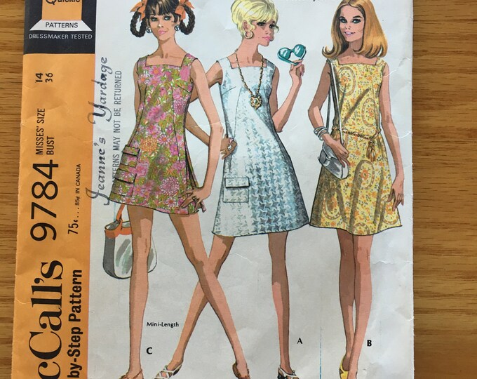 1969 Mccalls Sewing Pattern 9784 Misses Mini Shift Dress Sleeveless ...