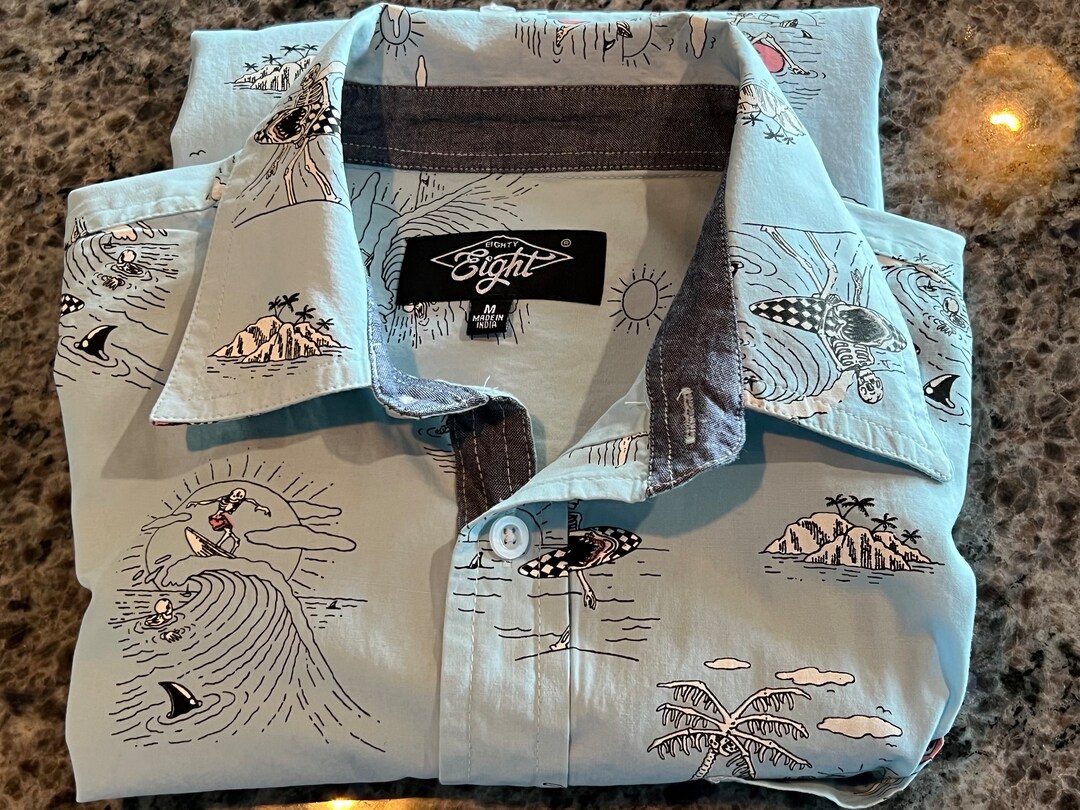 Eighty Eight Mens Blue Skeleton Surfer Graphic Button Front Shirt ...