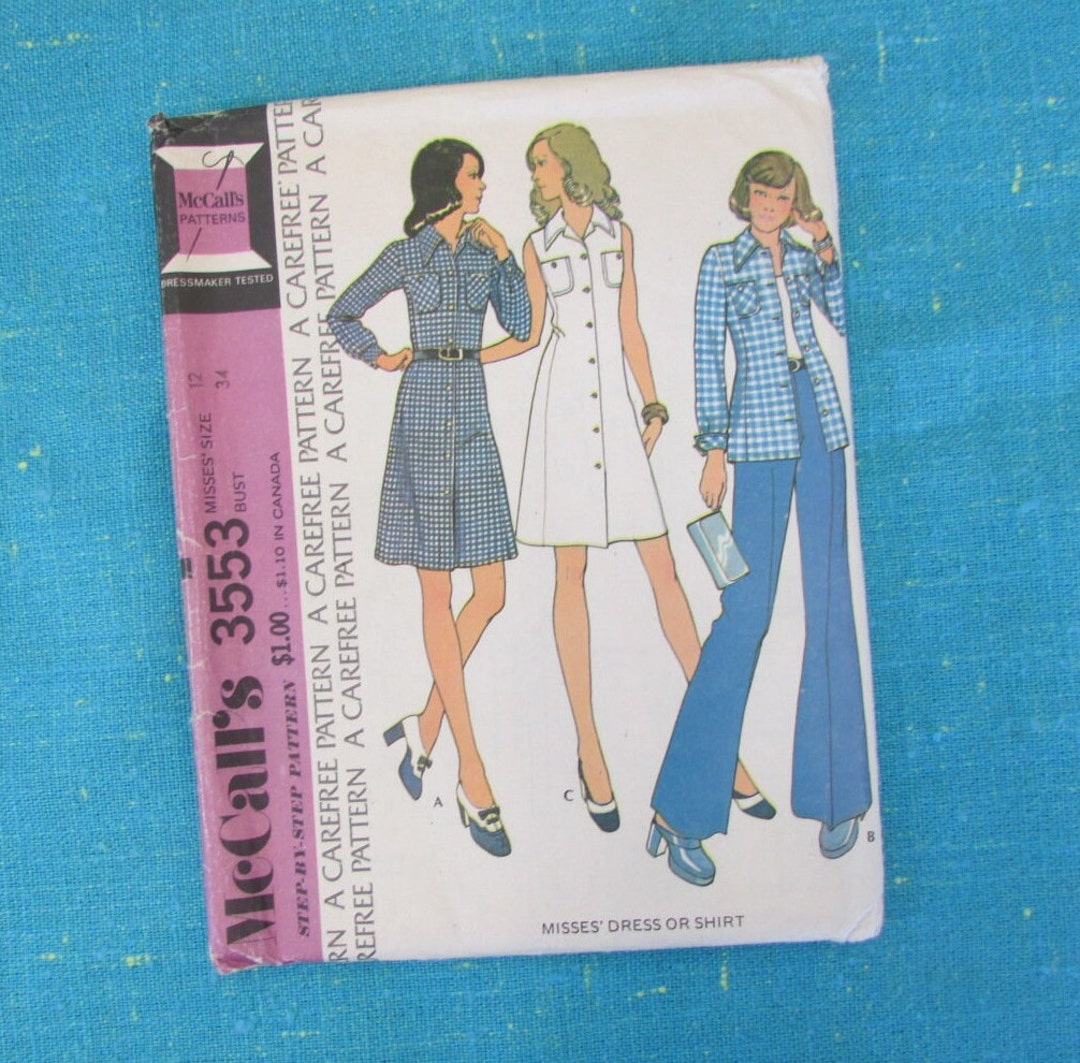 RARE 1973 Sewing Pattern Mccalls 3553 Misses Button Front Dress or ...