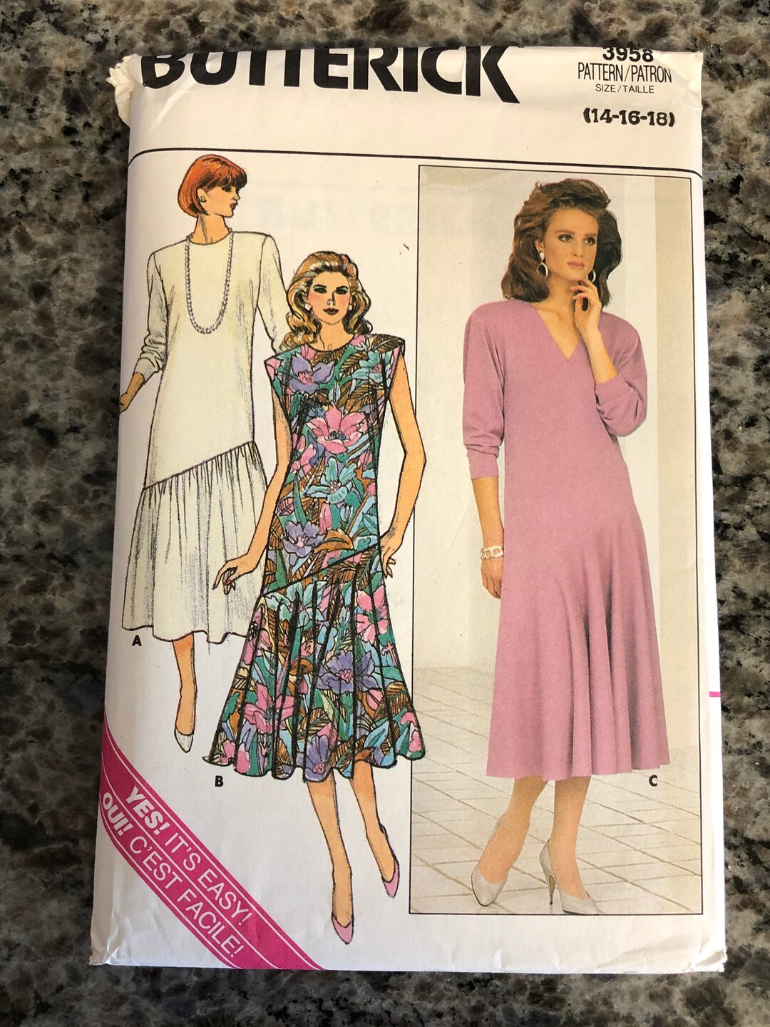 1986 Butterick Sewing Pattern 3958 Misses Drop Waist Dress Mid Length ...