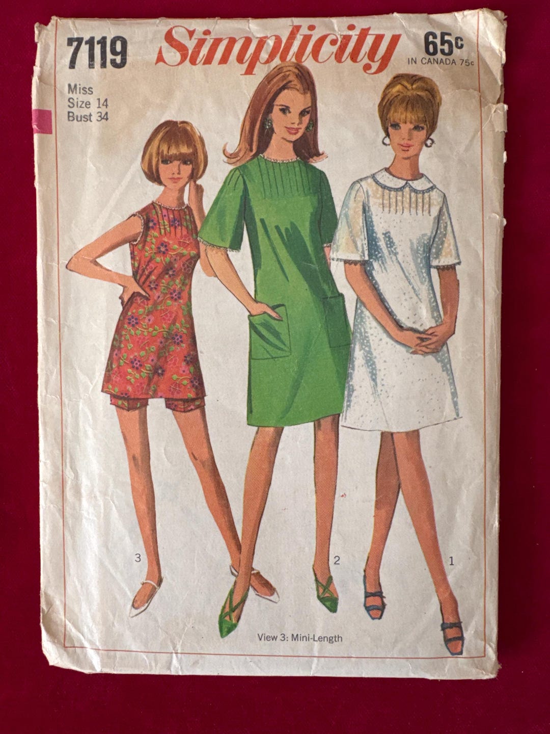 1967 Simplicity Sewing Pattern 7119 Misses Mini Smock Shift Dress ...
