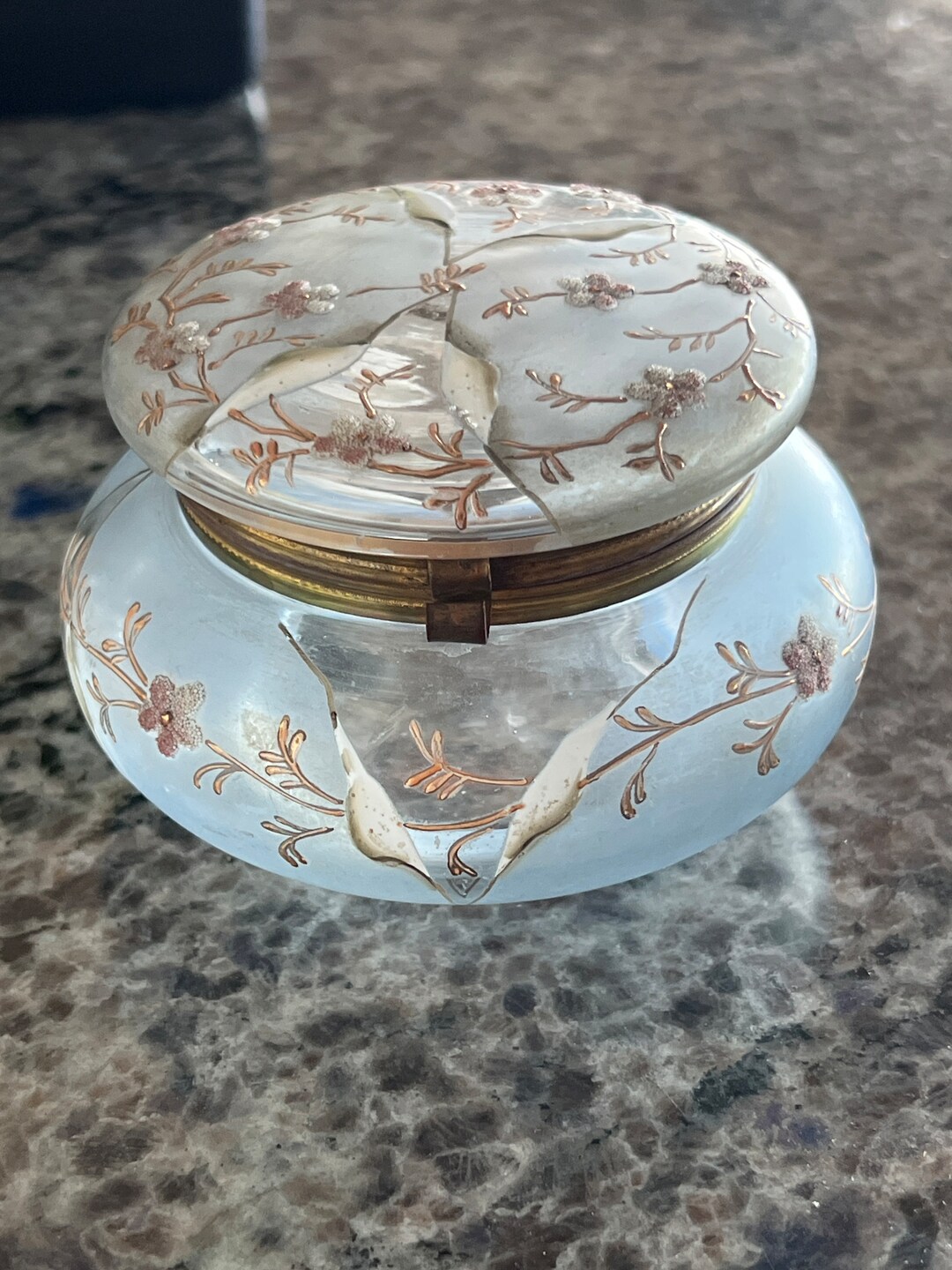 Antique Hand Painted Blue Glass Trinket Box Jewelry Box or Dresser Box ...