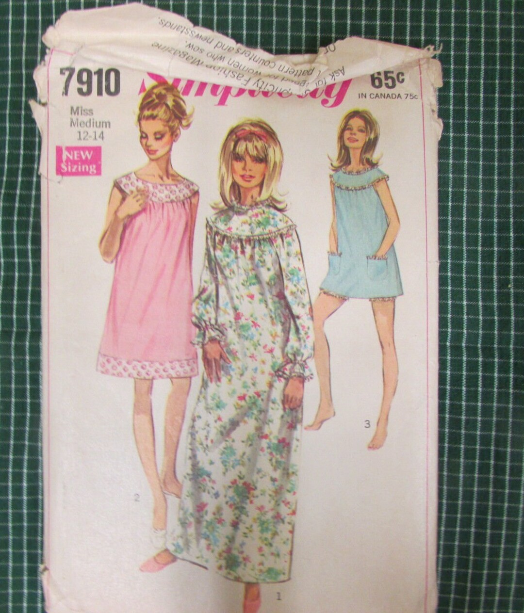 1968 Simplicity Sewing Pattern 7910 Misses Nightgown in 3 Lengths With ...